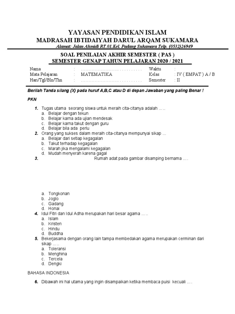 Soal PAS Semester Genap Kelas IV | PDF