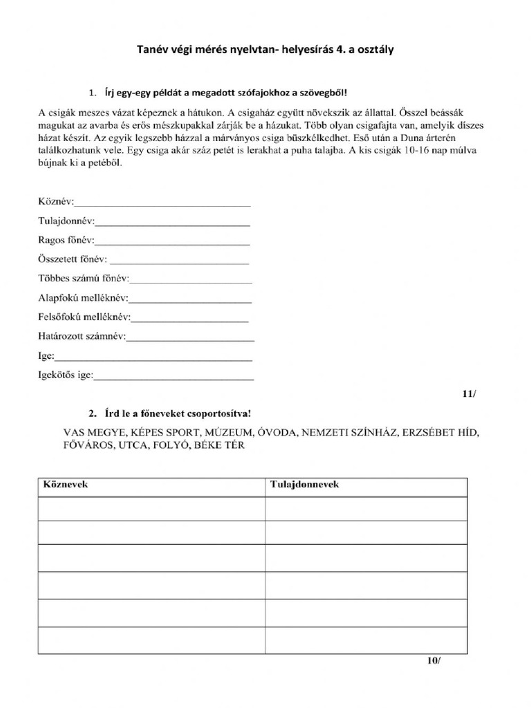 Osztály Nyelvtan Év Végi Felmérő | PDF