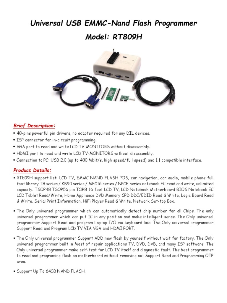 Universal USB EMMC-Nand Flash Programmer Model: RT809H: Brief Description | PDF