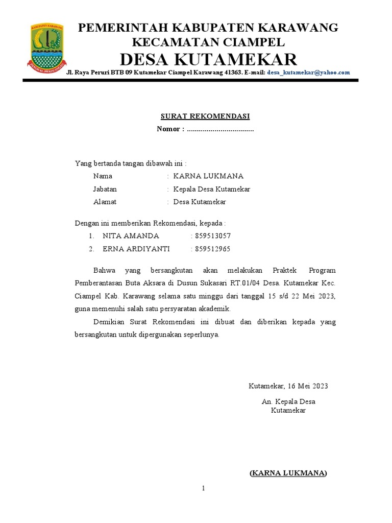 Surat Rekomendasi Praktek Desa Kutamekar | PDF