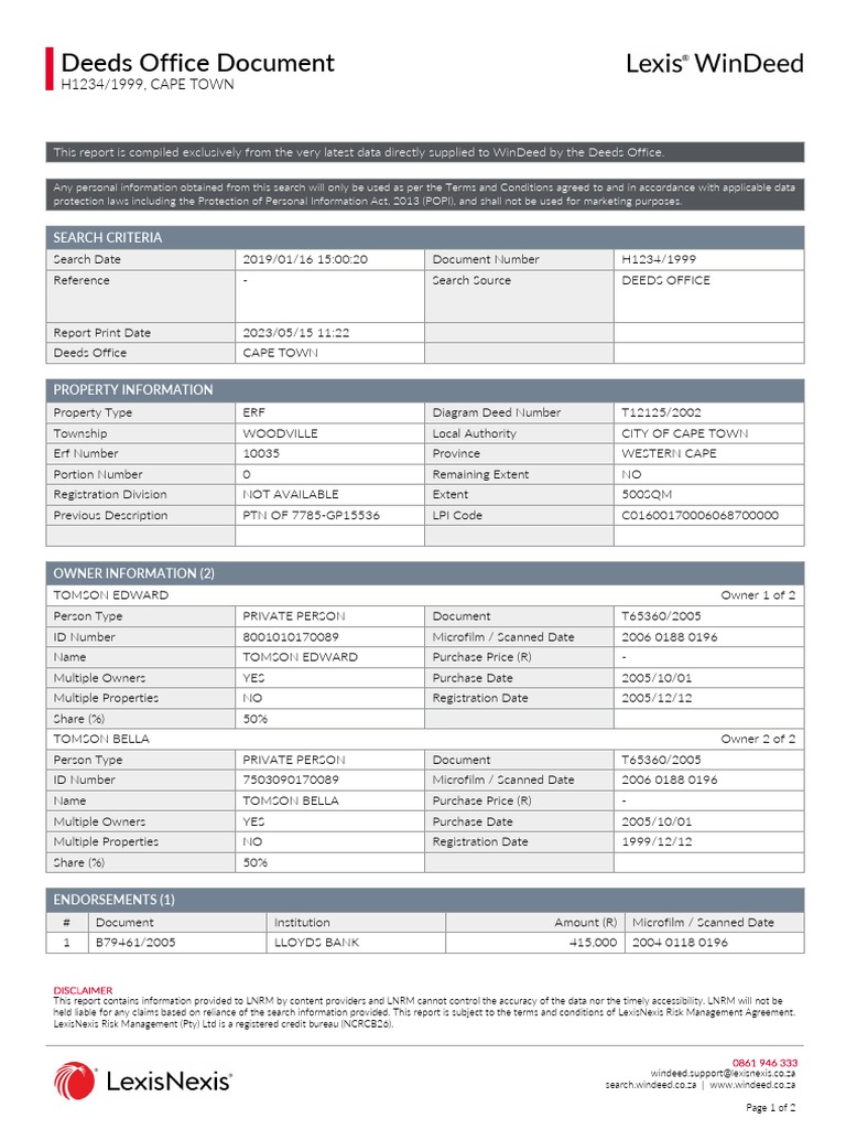 DeedsOfficeDocument SampleReport | PDF | Private Law | Business