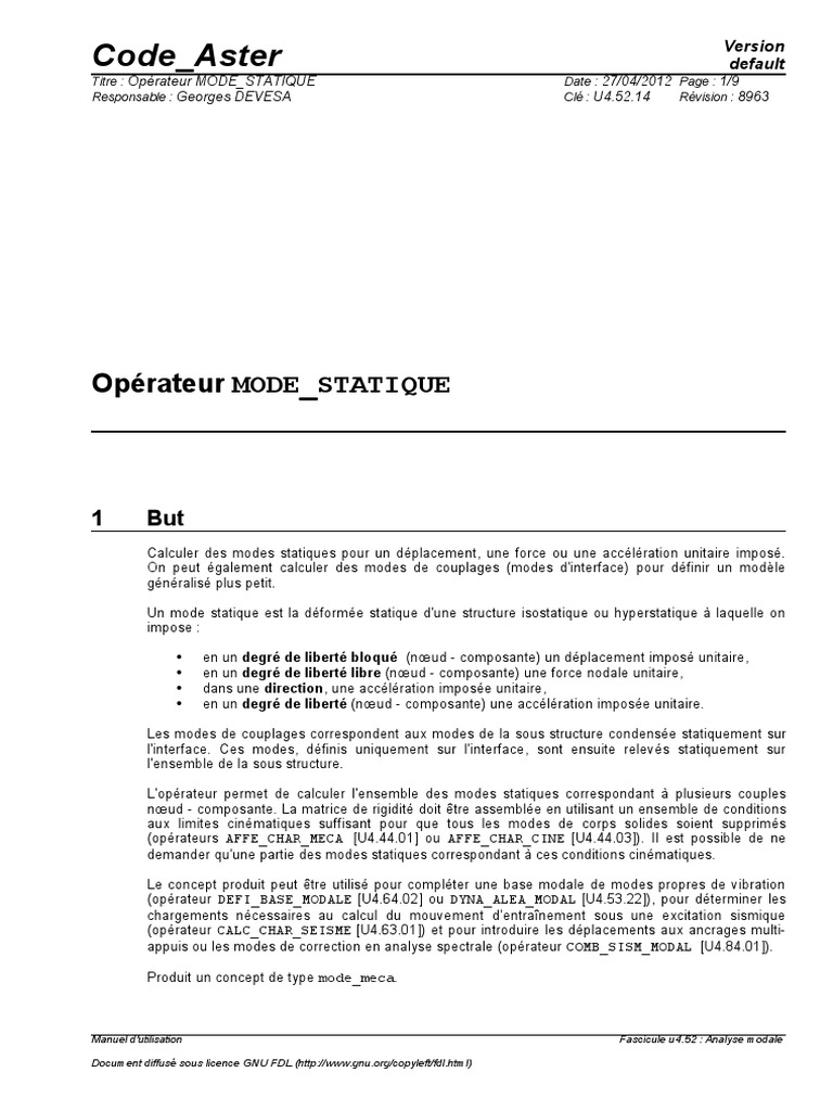 Opérateur MODE_STATIQUE dans Code_Aster | PDF | Mécanique | Mécanique ...