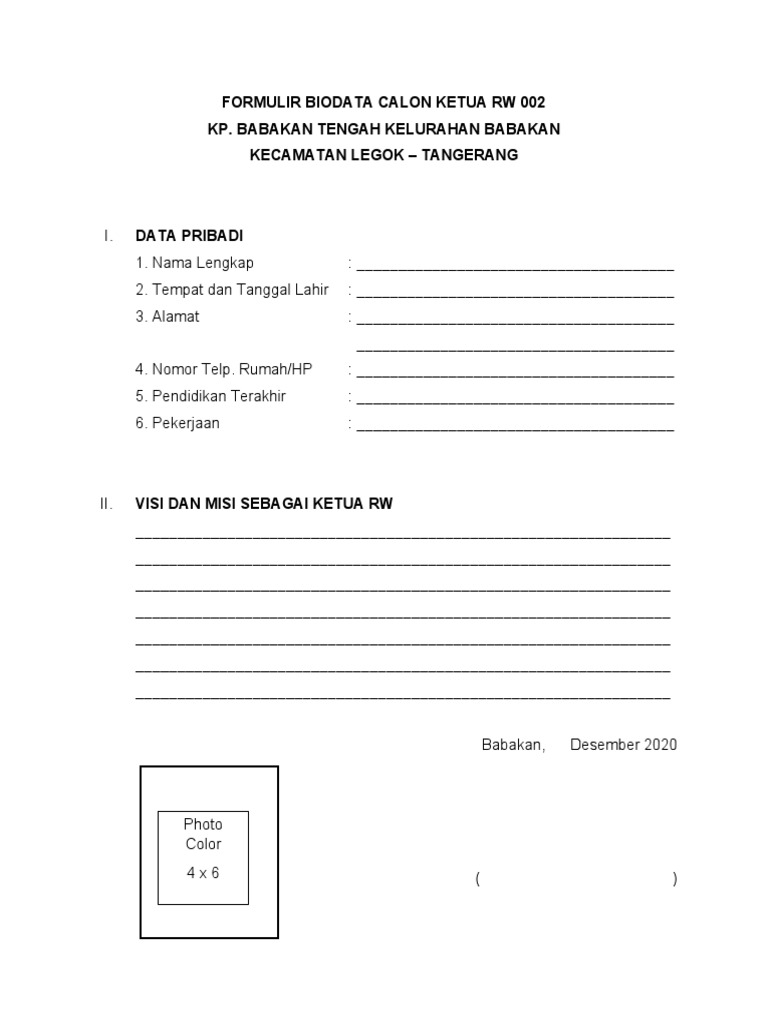 Formulir Biodata Calon Ketua RW 002 | PDF