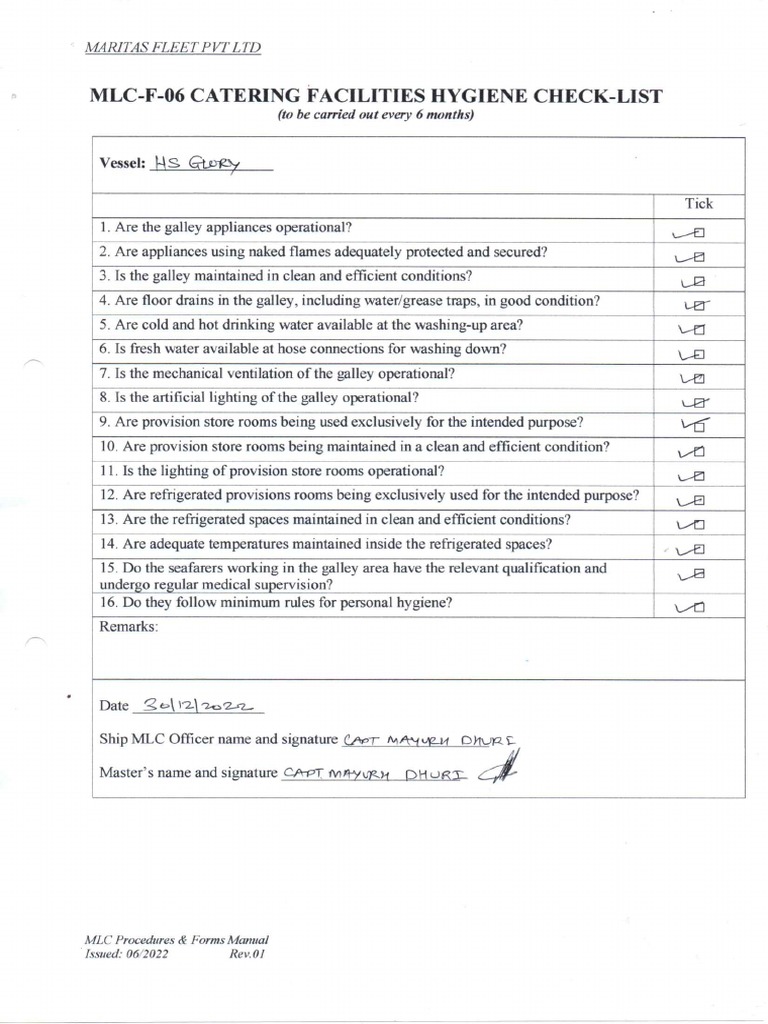Catering Facility Hygiene Checklist - Dec 2022 | PDF