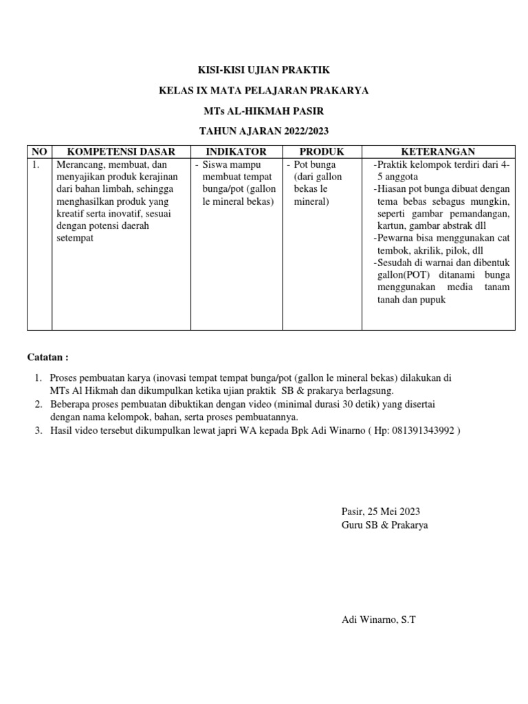 Kisi Kisi Praktek Prakarya Kelas 9 Tahun Ajaran 2022-2023 | PDF