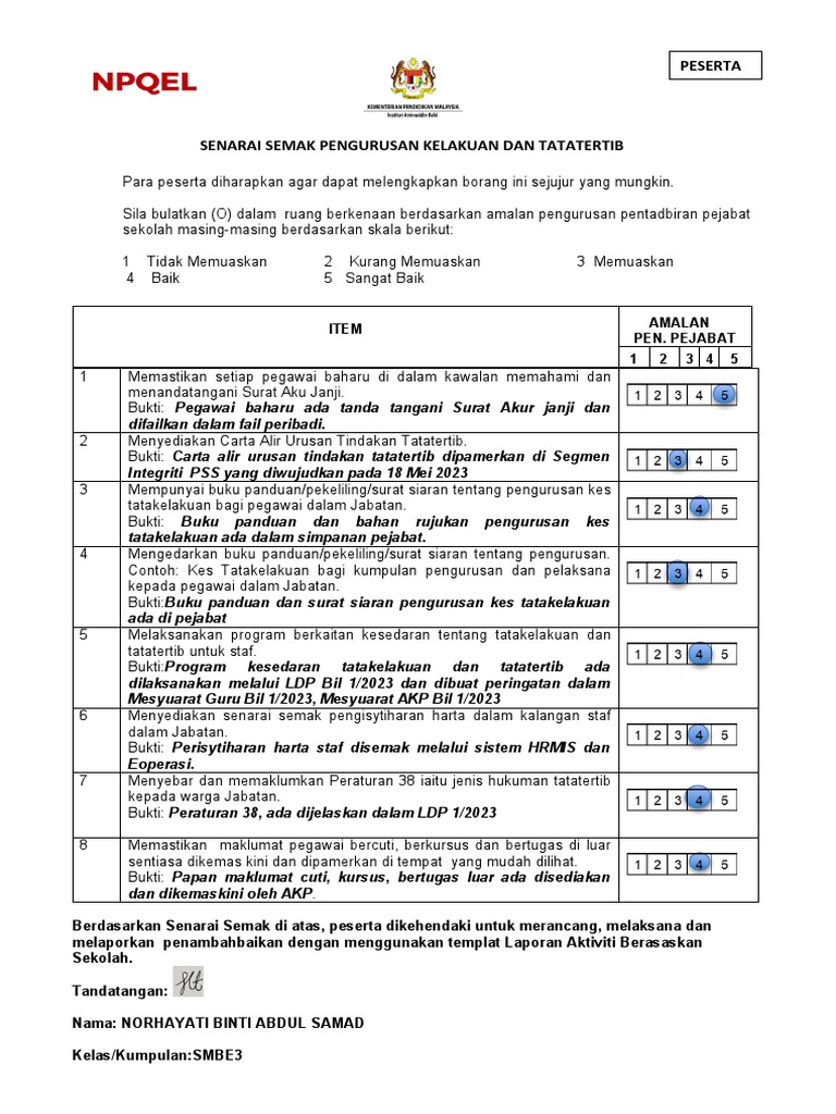 Senarai Semak Pengurusan Kelakuan Dan Tatatertib | PDF