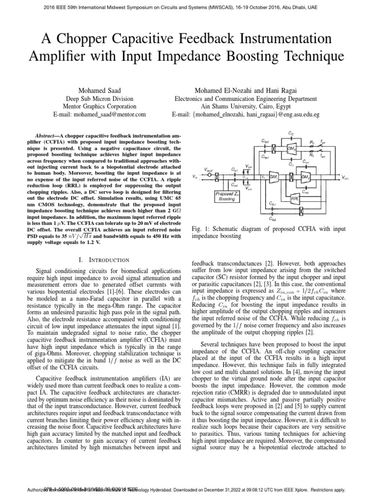 A Chopper Capacitive Feedback Instrumentation Amplifier With Input Impedance Boosting Technique ...