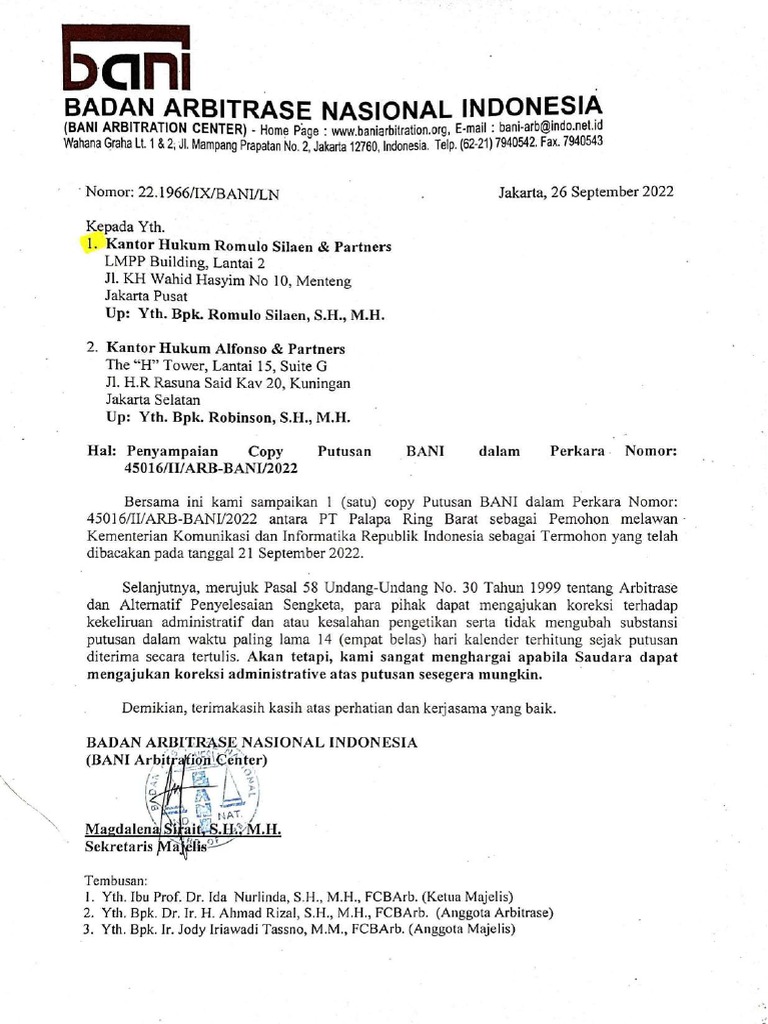 Putusan BANI (Palapa Ring Barat) | PDF