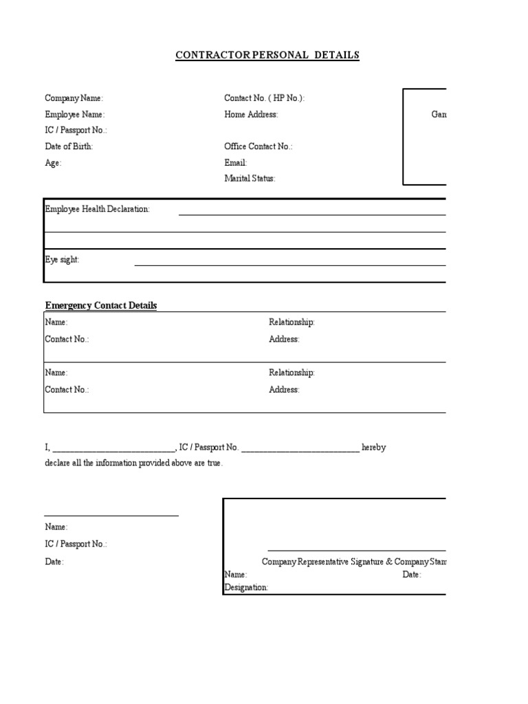 Contractor Personal Information Form | PDF | Business