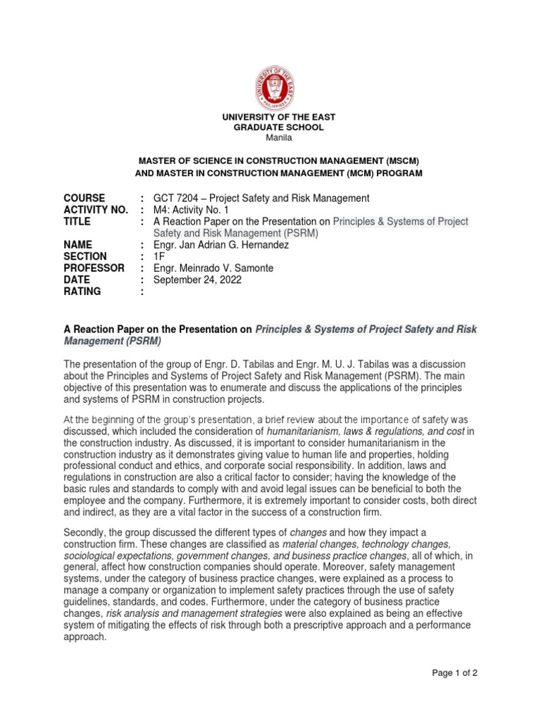 Reaction Paper - M4-Activity-1 - GCT 7204-Psrm-Principles-Systems-Psrm ...