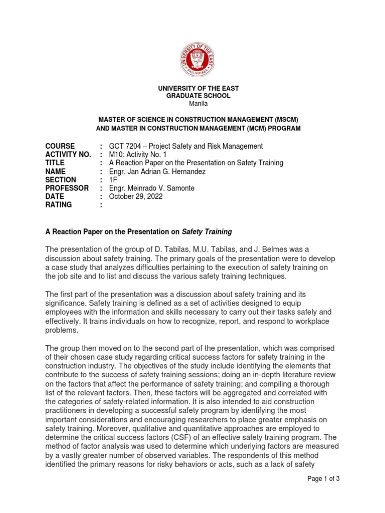 Reaction Paper - 10-Activity-1 - GCT 7204-Psrm-Safety Training - Hernandez | PDF | Occupational ...