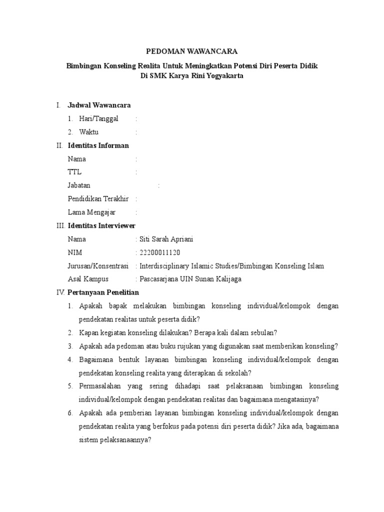 Draft Pedoman Wawancara - SIti Sarah Apriani | PDF