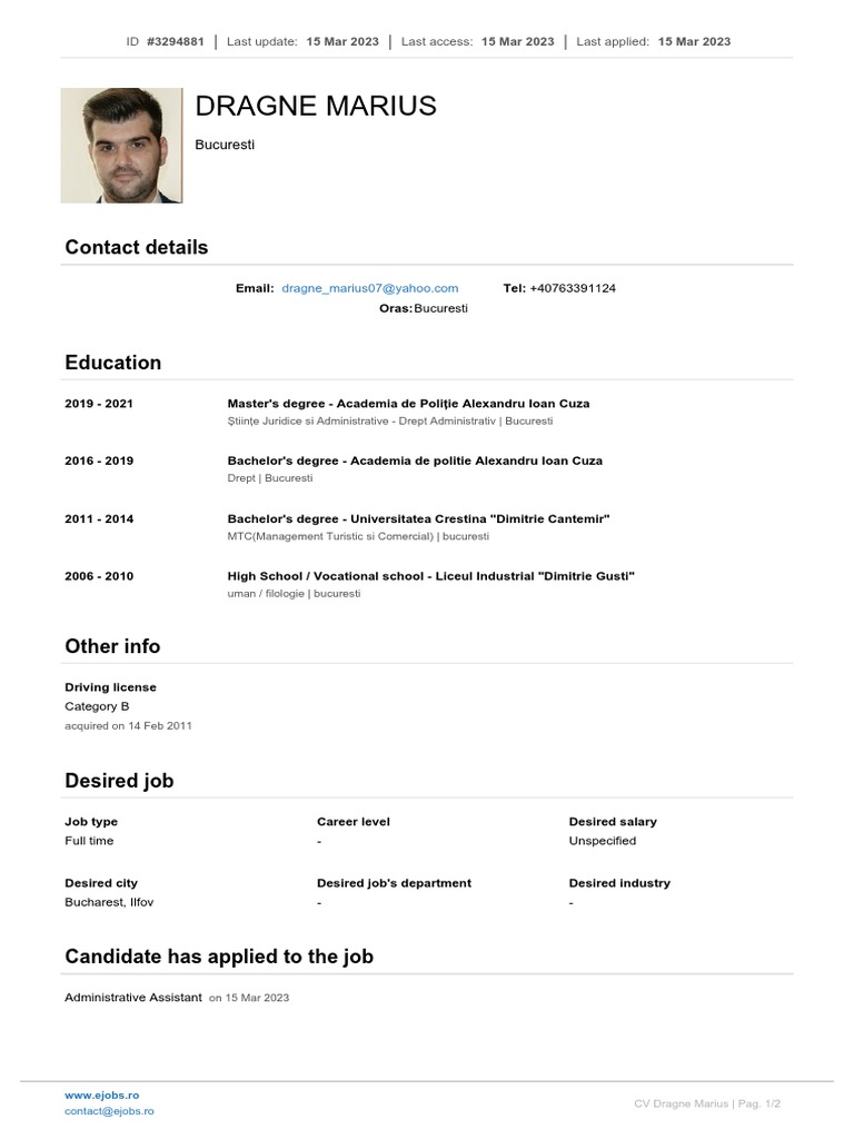CV Dragne Marius en AA NU | PDF