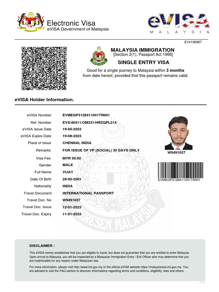 Malaysia eVISA Certificate - VIJAY | PDF