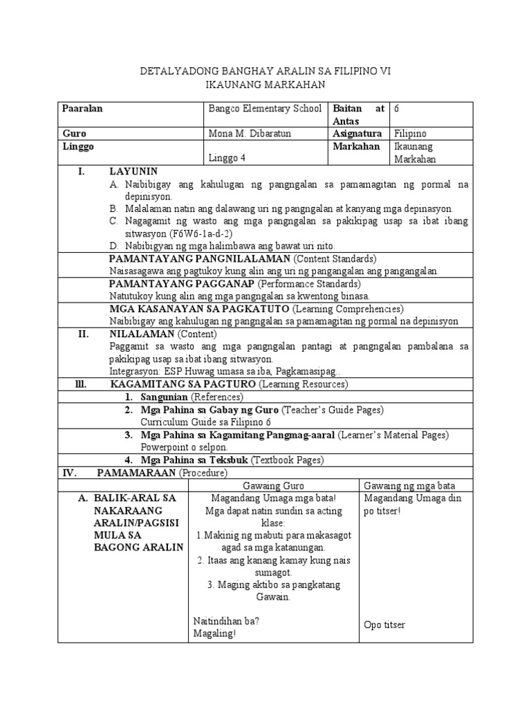 Detalyadong Banghay Aralin Sa Filipino Vi Ni Mona M. Dibaratun | PDF