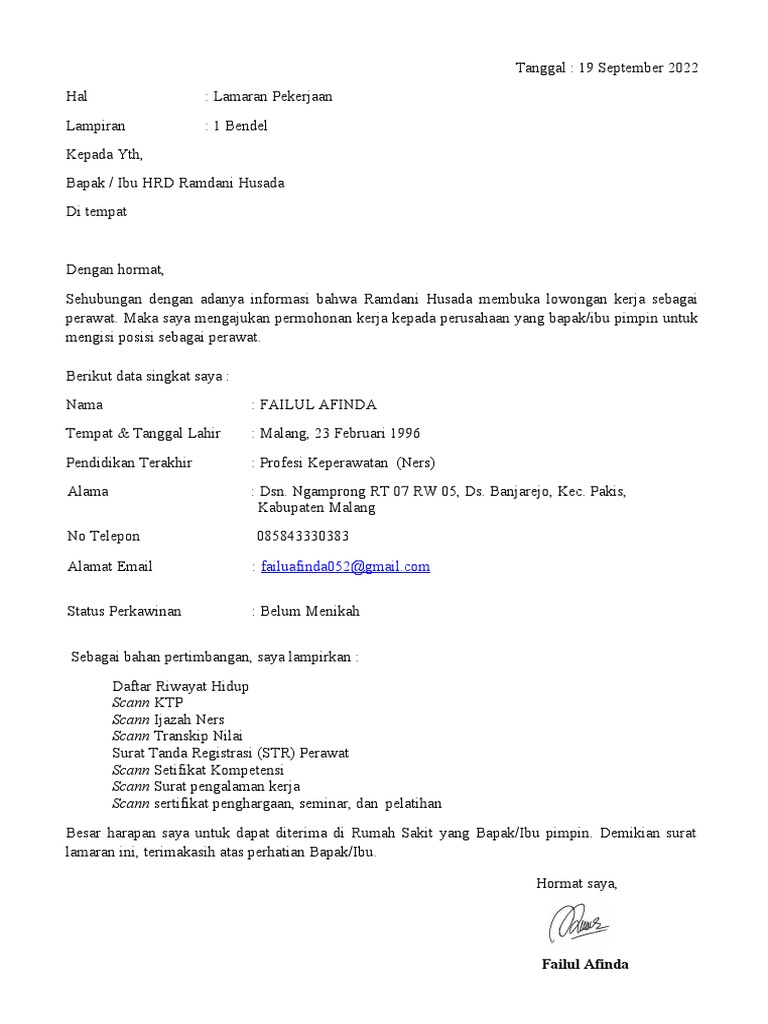 Surat Lamaran Kerja Failul Afinda Ramdani Husada | PDF