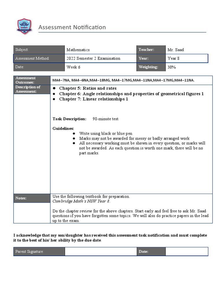 Year 8 Maths Final Exam Notification 2022 | PDF | Mathematics | Cognition