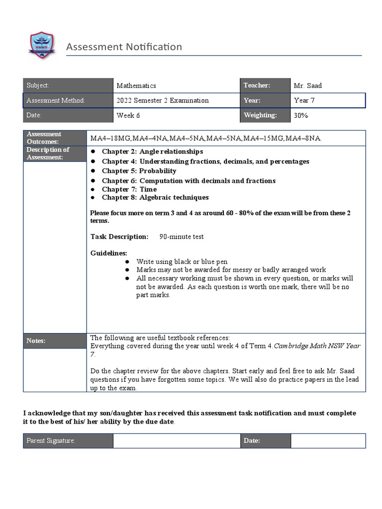 Year 7 Maths Final Exam Notification 2022 | PDF | Mathematics | Cognition