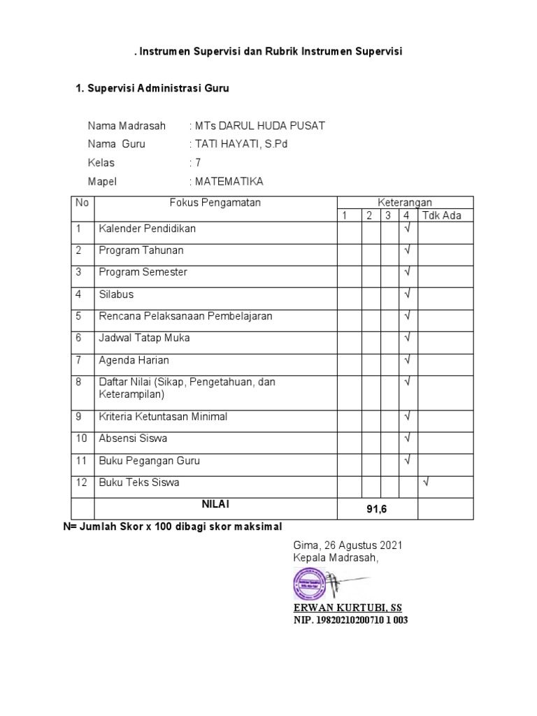 Instrumen Supervisi Dan Rubrik Instrumen Supervisi | PDF