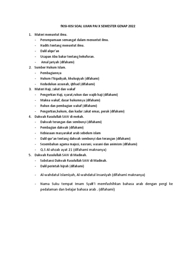 Kisi-Kisi Soal Ujian Pai X Semester Genap 2022 | PDF