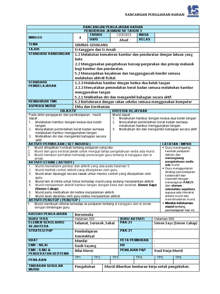RPH Minggu 4 Pendidikan Jasmani THN 3 2023 by Cikgu Gorgeous | PDF