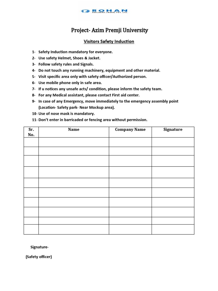 Visitor Induction Sheet | PDF