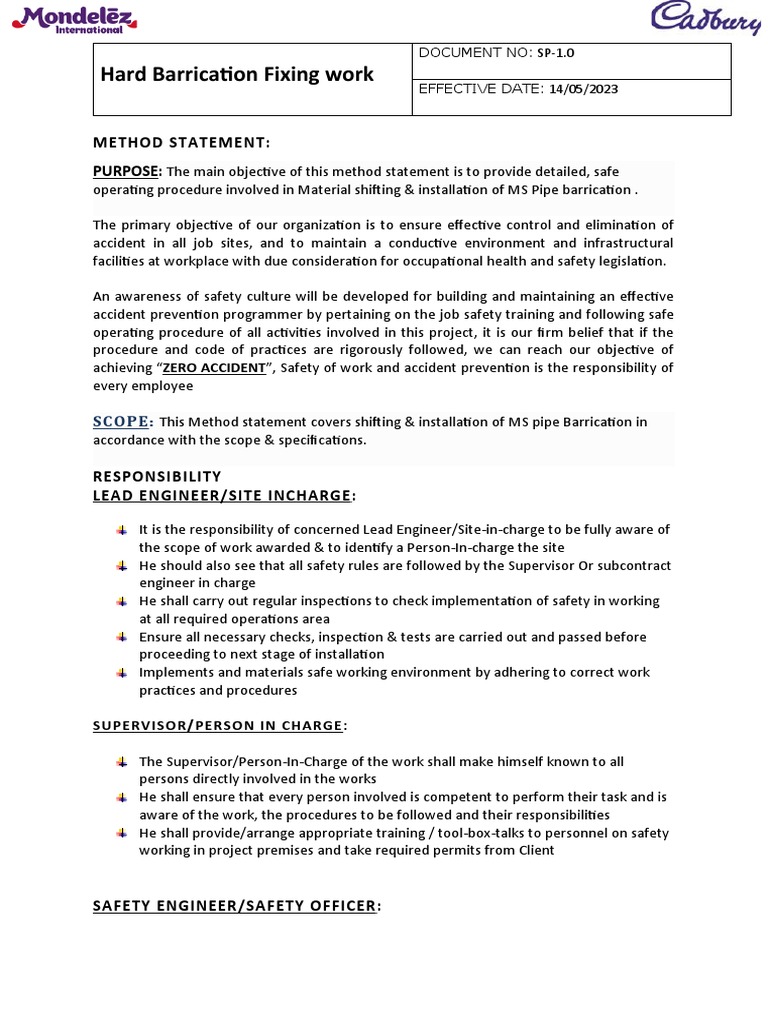 Method Statement For Hard Barrication Installation | PDF | Hazards ...