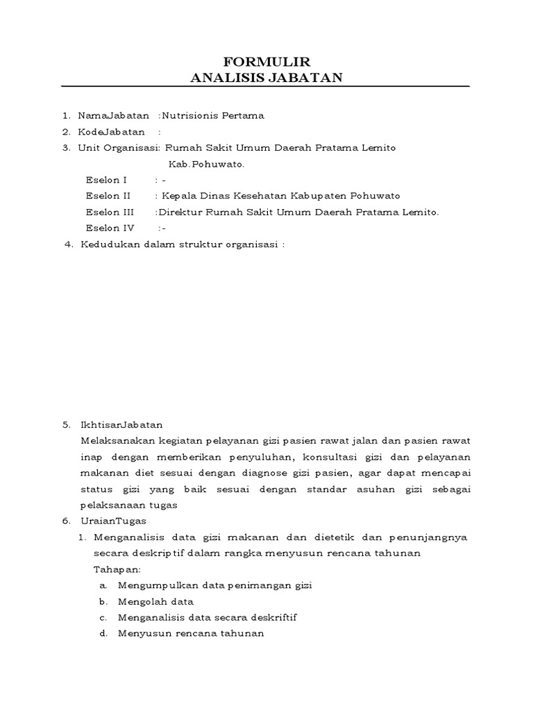 Anjab Nutrisionis Pertama | PDF