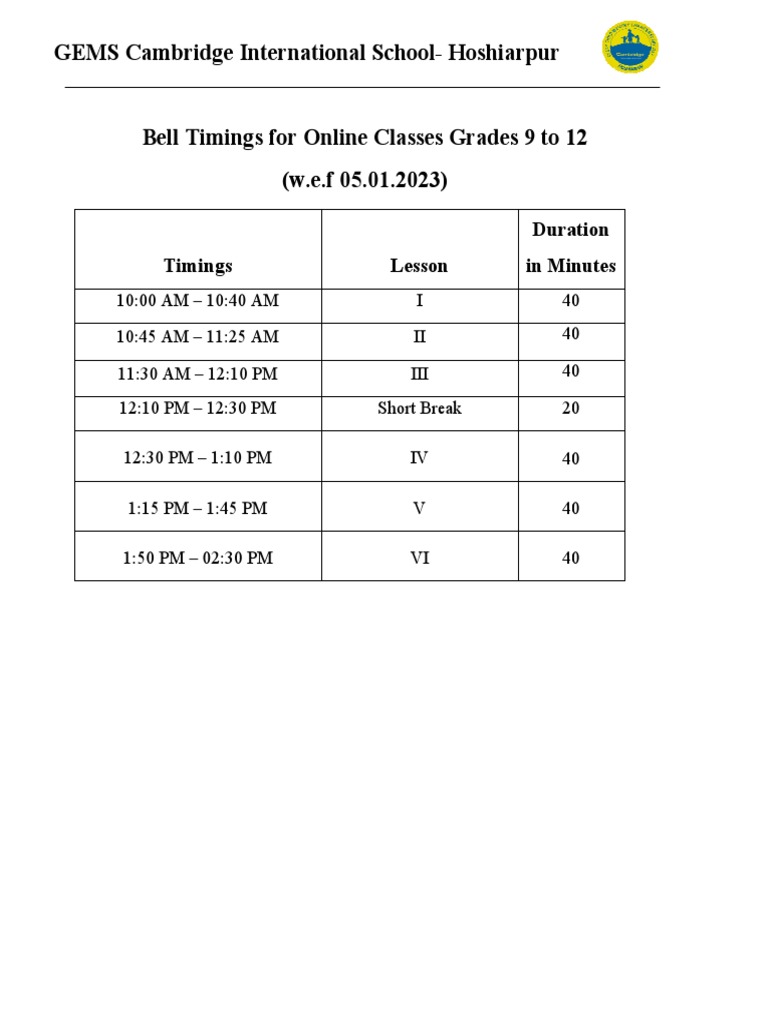 Bell Timings | PDF