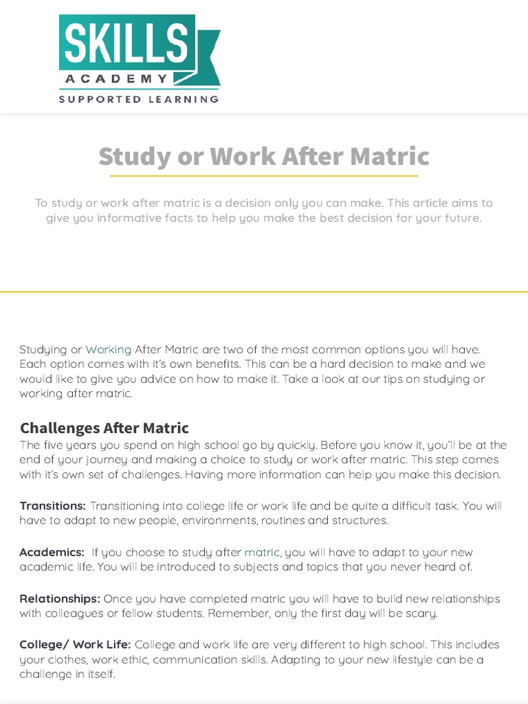 Study or Work After Matric - Skills Academy 2 | PDF | Learning ...