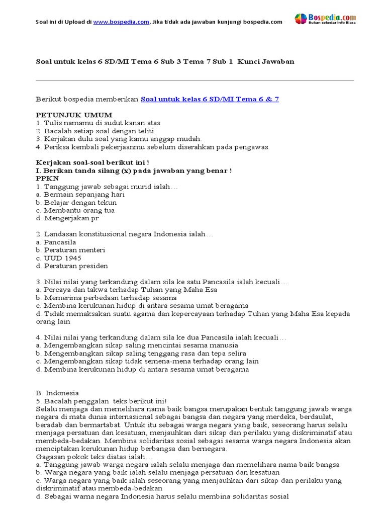 30+ Contoh Soal UTS PTS Untuk Kelas 6 SD MI Tema 6 Sub 3 Tema 7 Sub 1 Kunci Jawaban | PDF