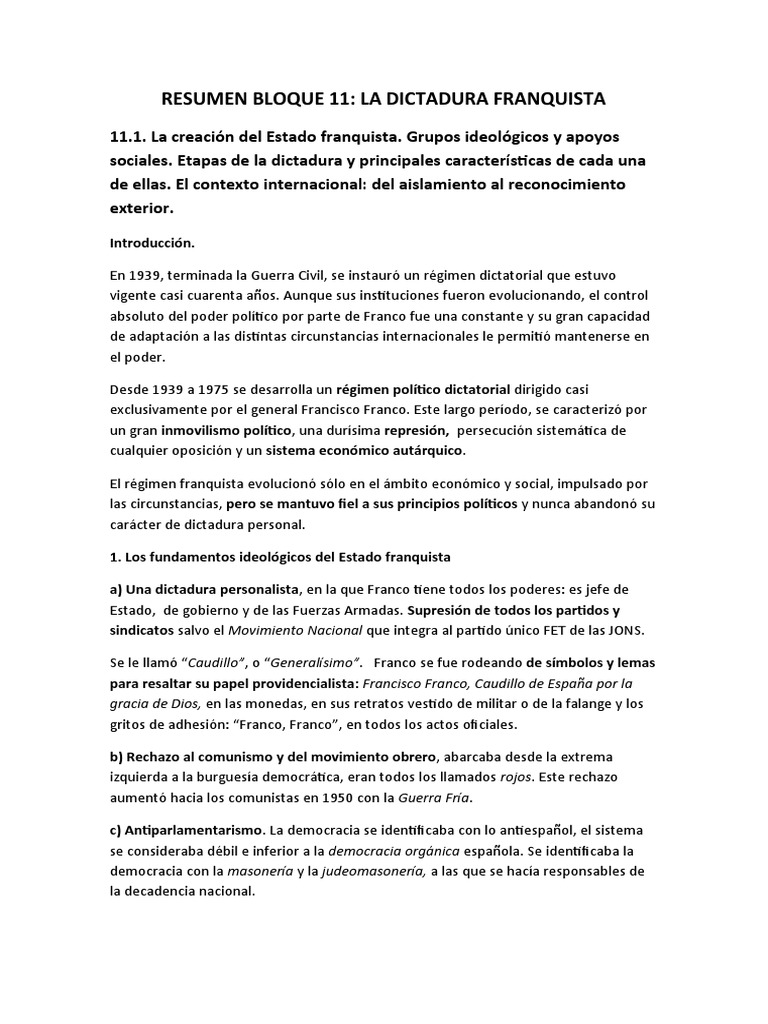 Resumen Bloque 11 La Dictadura Franquista | Descargar gratis PDF | Francisco franco | España