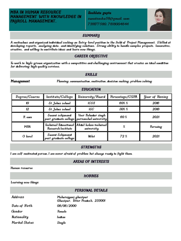 Resume Sneha Format7 | PDF | Cognition | Cognitive Science