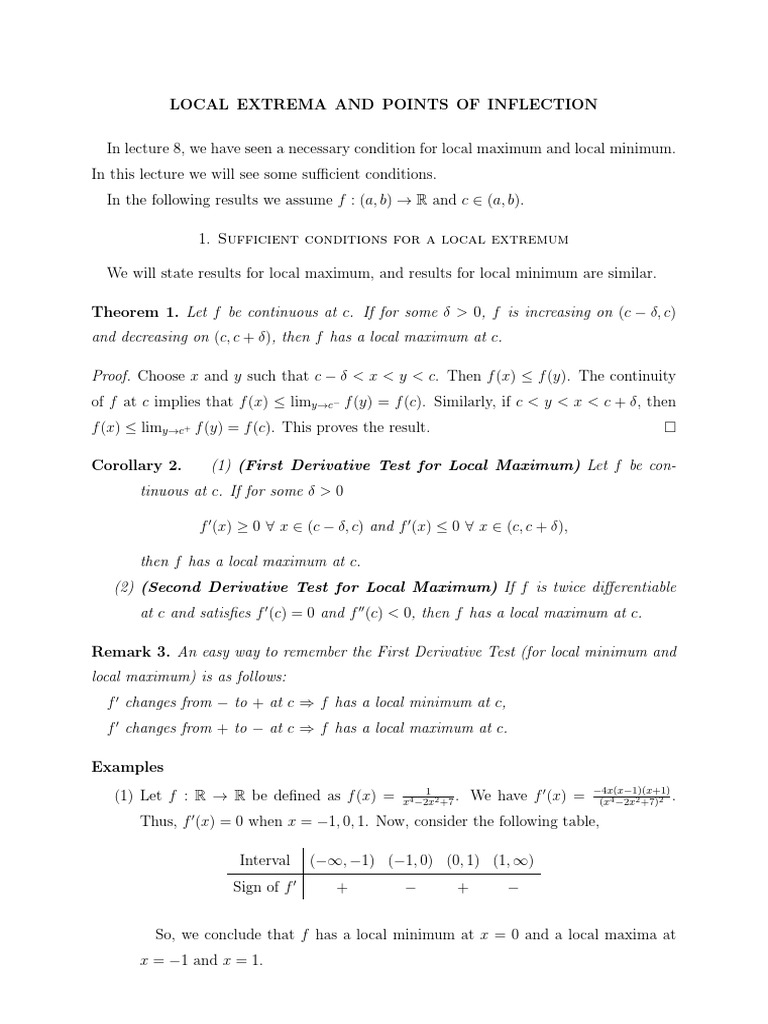 Lecture 10 Local Extrema and Points of Inflection | PDF | Maxima And ...