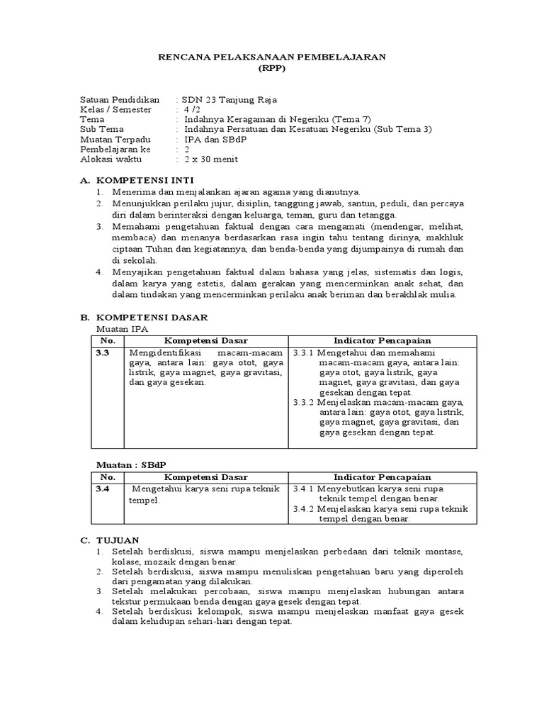 Revisi 3.2 RPP Tema 7 Sub 3 Bahasa Indonesia, IPA, SBDP | PDF