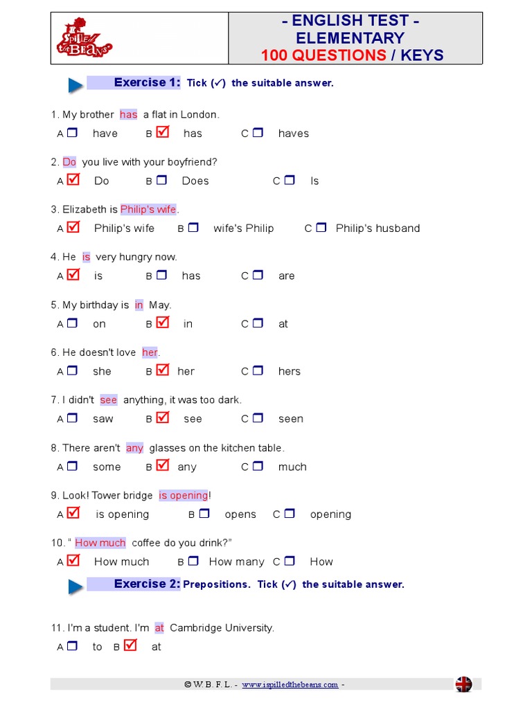 Exercises Tests Elementary Keys | PDF | Menu | English Language