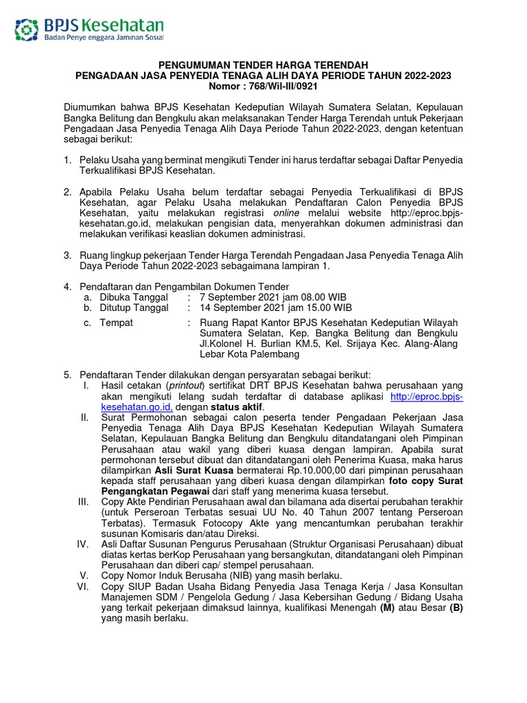 Pengumuman Tender Harga Terendah Pengadaan Jasa Penyedia Tenaga Alih Daya Periode Tahun 2022 ...