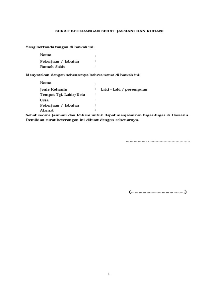 Surat Keterangan Sehat Jasmani Dan Rohani | PDF