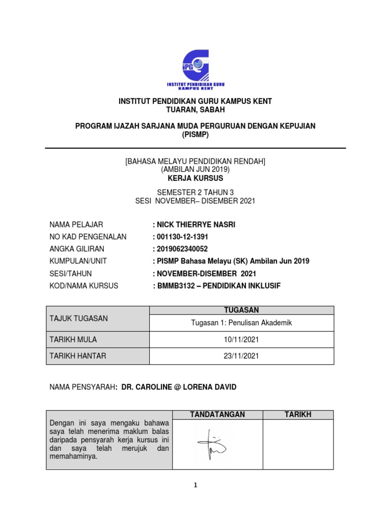 Tugasan 1 - Penulisan Akademik (Bmmb3123) | PDF