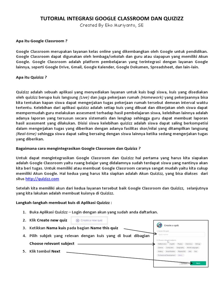 TUTORIAL INTEGRASI GOOGLE CLASSROOM DAN QUIZIZZ - by EKO | PDF | Karier & Perkembangan | Bisnis