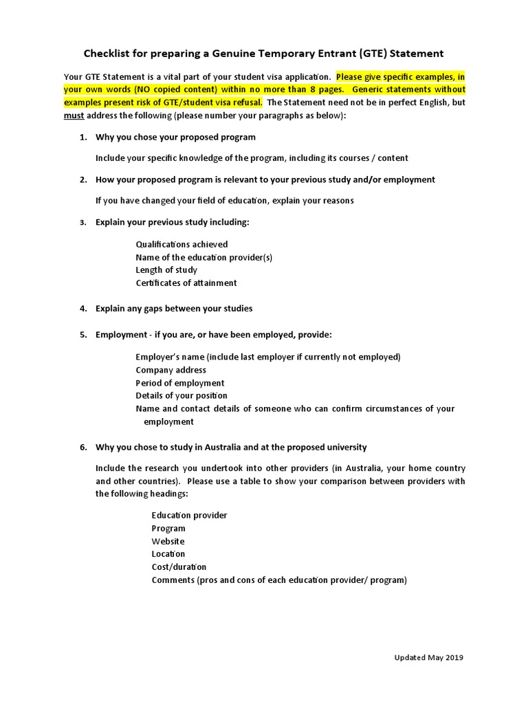 Checklist For Preparing A GTE Statement | PDF | Travel Visa | Risk