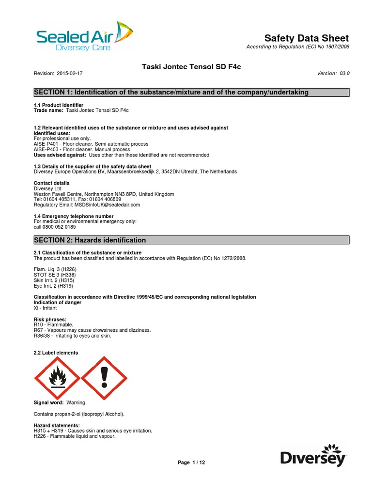 Safety Data Sheet: SECTION 1: Identification of The Substance/mixture and of The Company ...