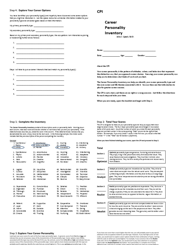 Career Personality Inventory | PDF | Personality Type | Programmer