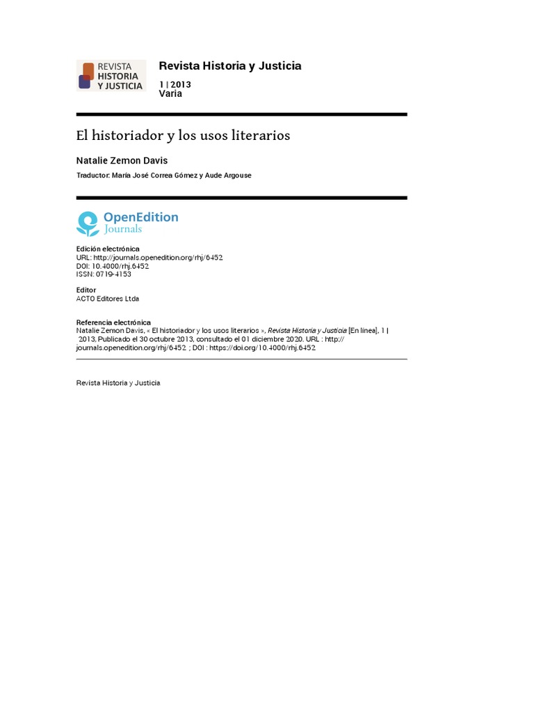 Natalie Zemon Davis - El Historiador y Los Usos Literarios. | PDF