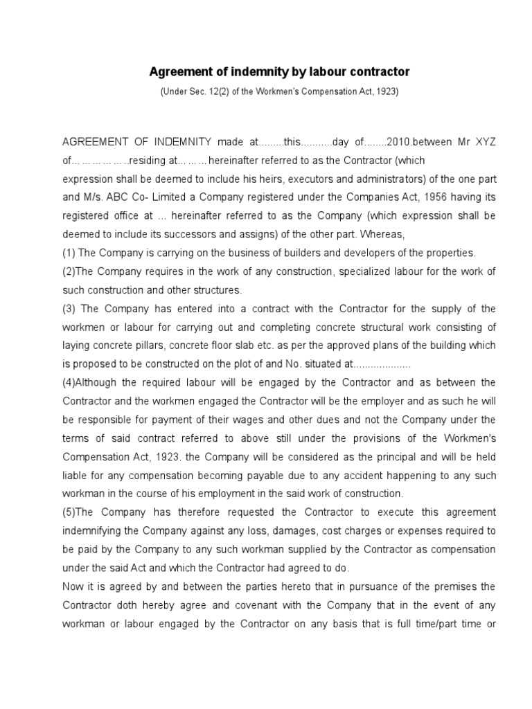 Agreement of indemnity by labour contractor | PDF | Employment | Damages