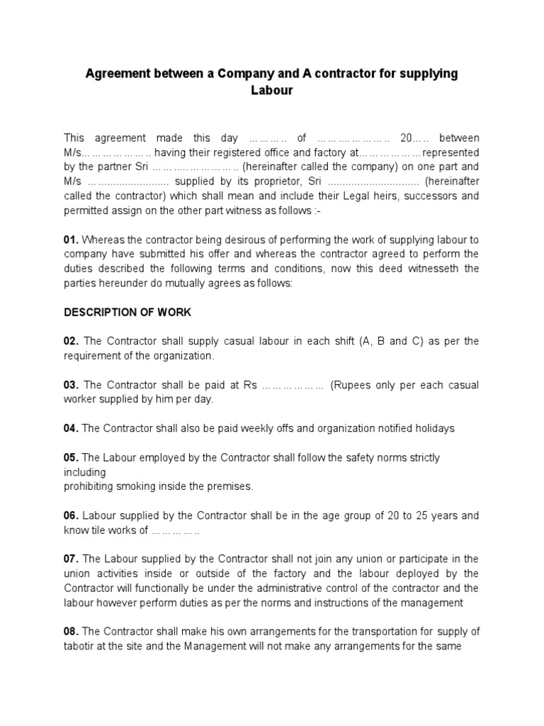 Agreement Between A Company and A Contractor For Supplying Labour | PDF ...