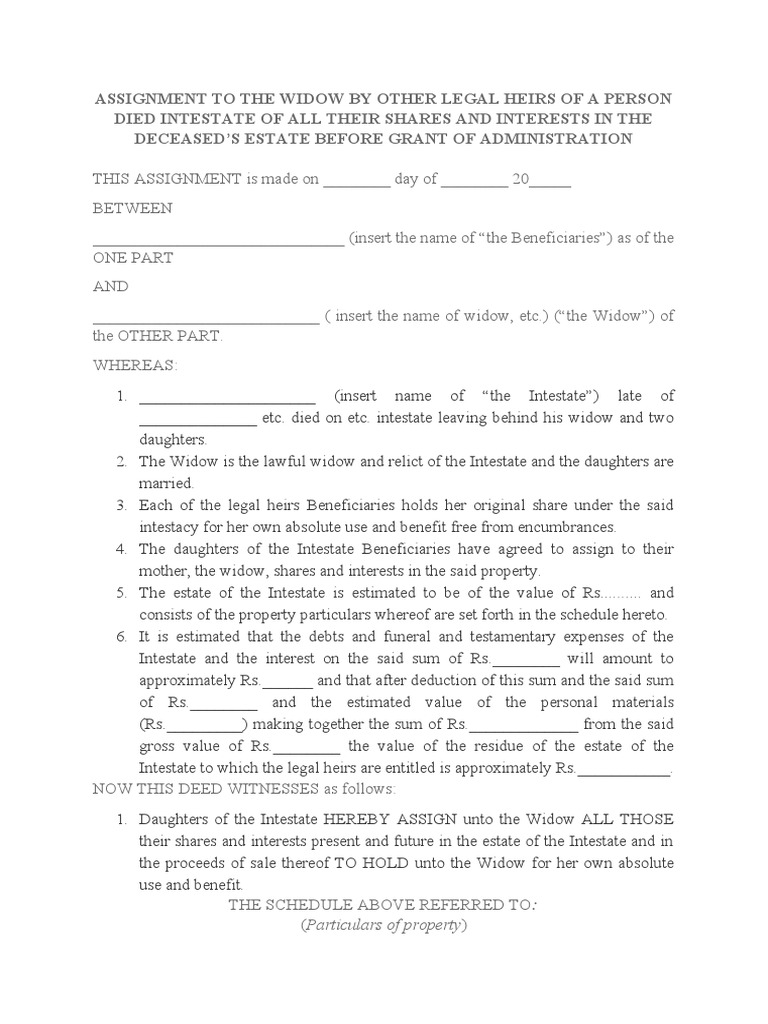 Assignment To The Widow by Other Legal Heirs of A Person Died Intestate ...