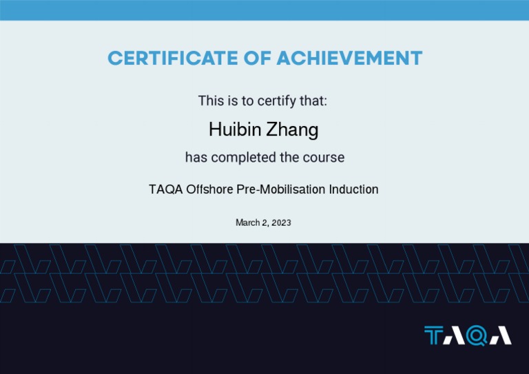TAQA Offshore Pre-Mobilisation Induction - Certificate of Completion | PDF