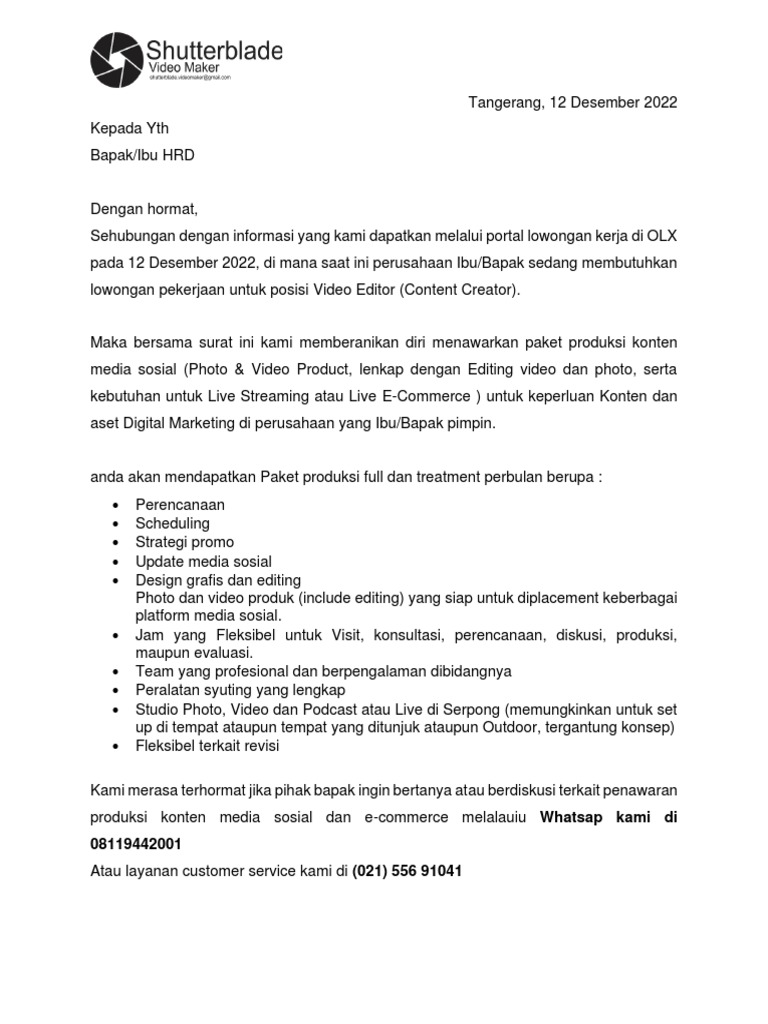 Surat Penawaran Kerja Editor Video (Content Creator) | PDF