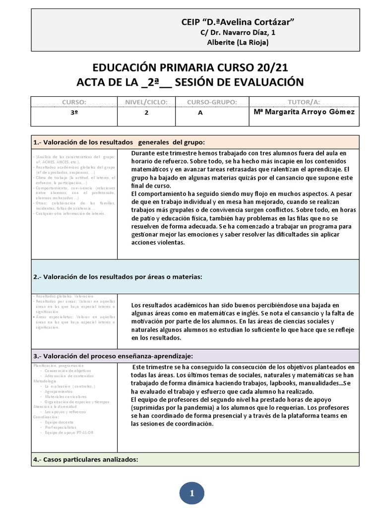 MODELO Acta de La Sesion de Evaluacion Primaria | PDF